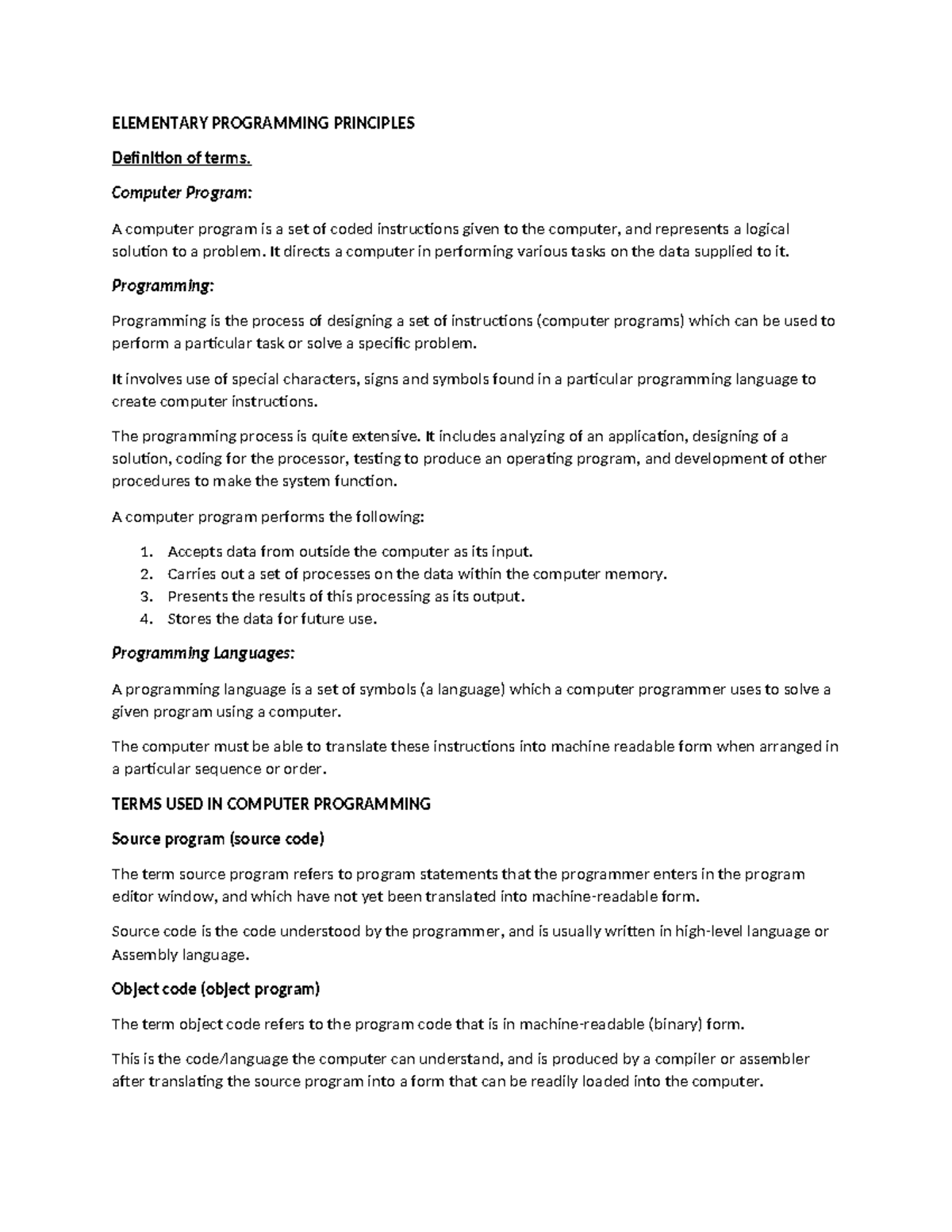 Elementary Programming Principles Elementary Programming Principles
