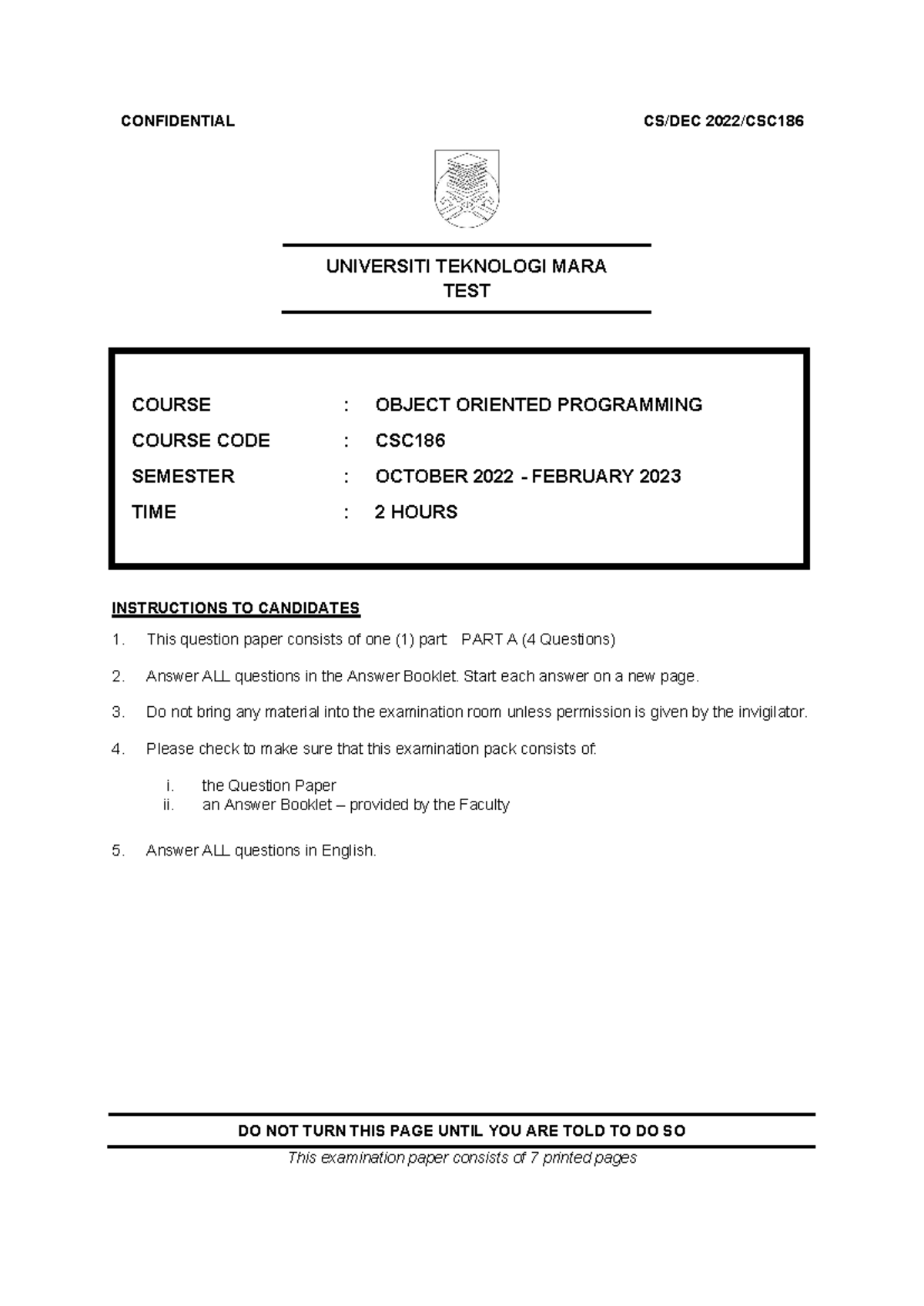 Csc186 Test Oct22feb23 Universiti Teknologi Mara Test Course Object Oriented Programming 