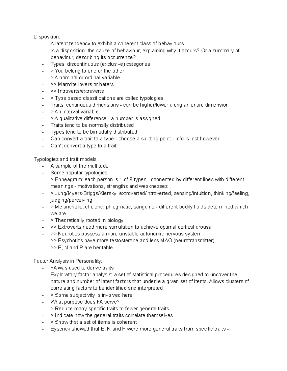 PSYC1018 Week 9 Notes dispositions, traits and types - Disposition: - A ...
