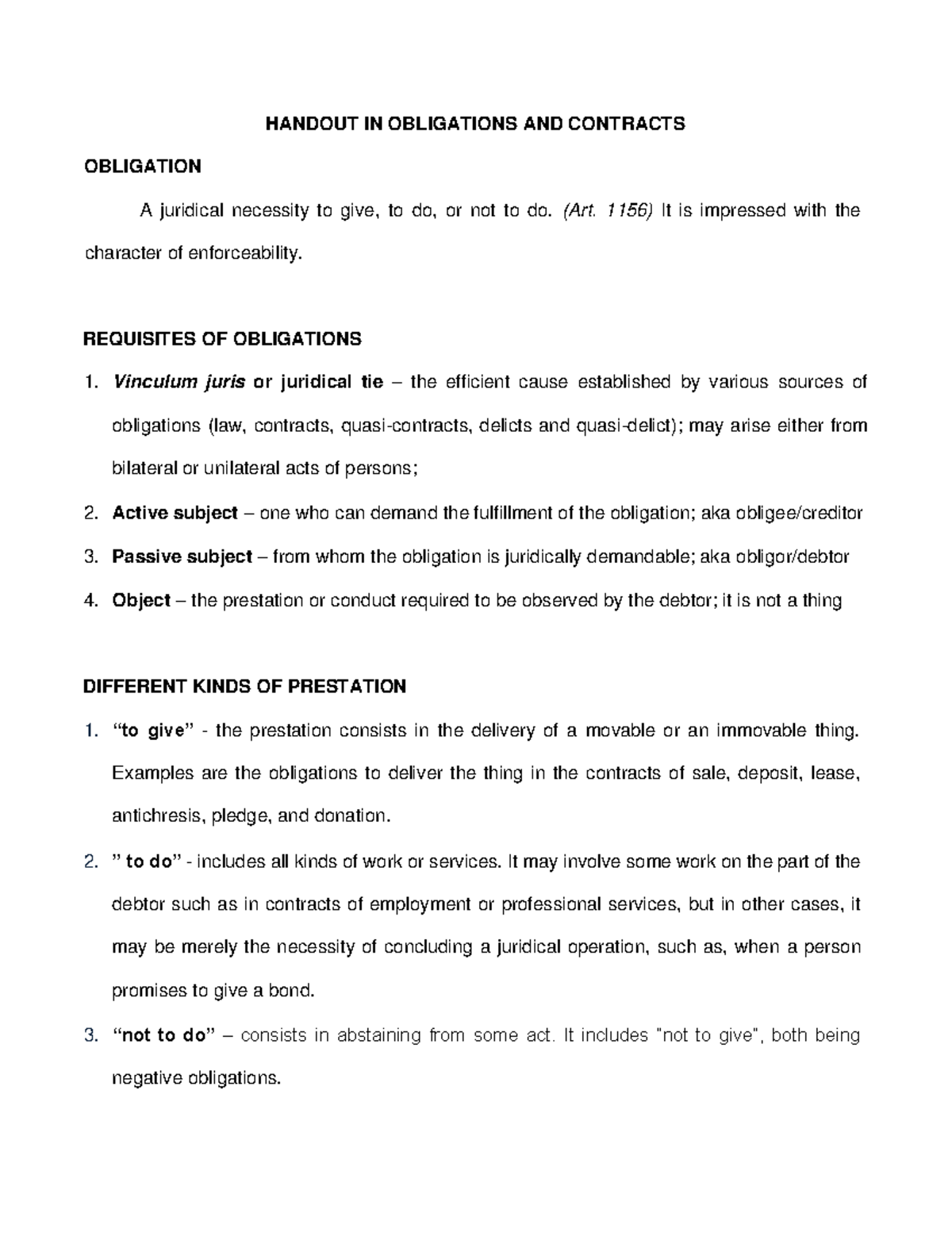 Obligations and Contracts Handout - HANDOUT IN OBLIGATIONS AND ...