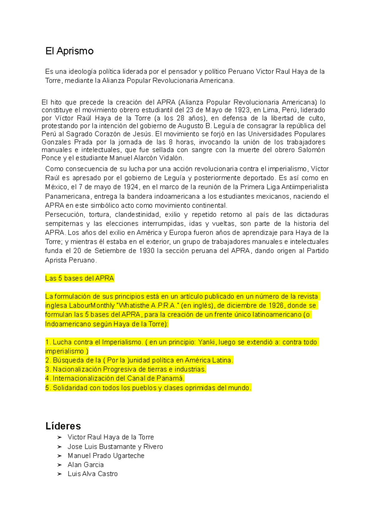 El Aprismo apuntes para - Studocu