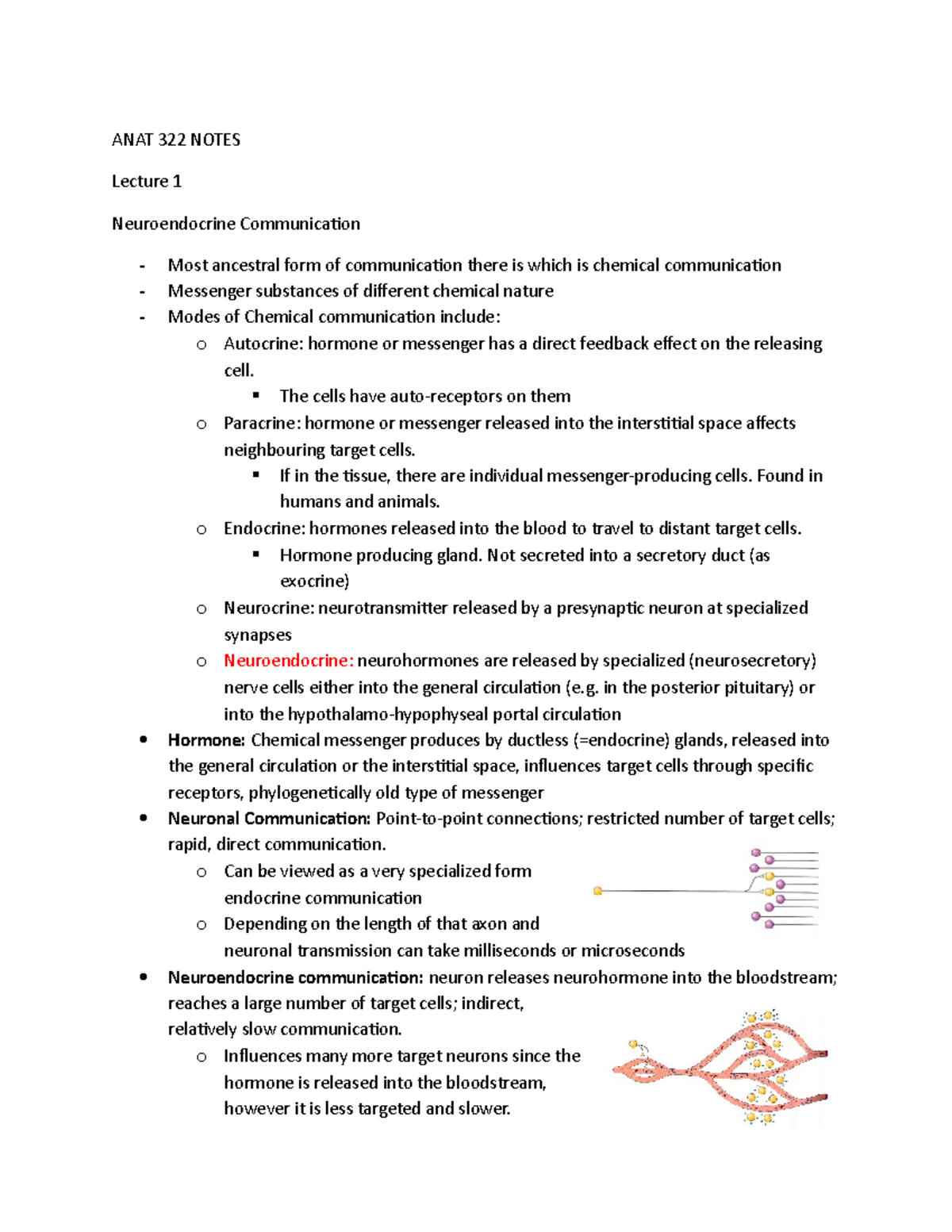 ANAT 322 Notes from lecture - ANAT 322 NOTES Lecture 1 Neuroendocrine ...