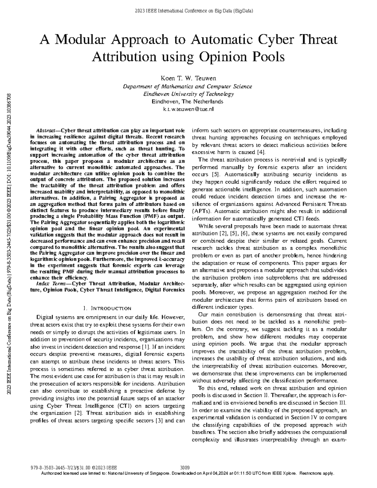 A Modular Approach To Automatic Cyber Threat Attribution Using Opinion W Teuwen Department Of