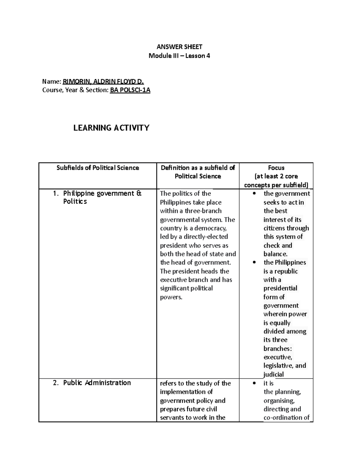 Sub-fields of Political Science - ANSWER SHEET Module III – Lesson 4 ...