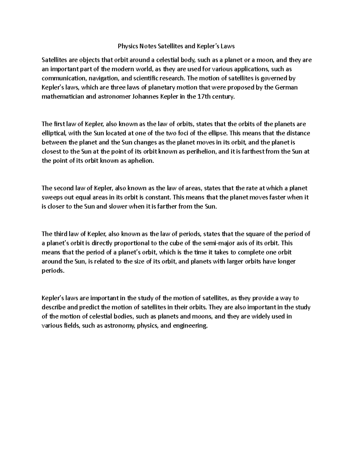 Physics Notes Satellites and Kepler - The motion of satellites is ...