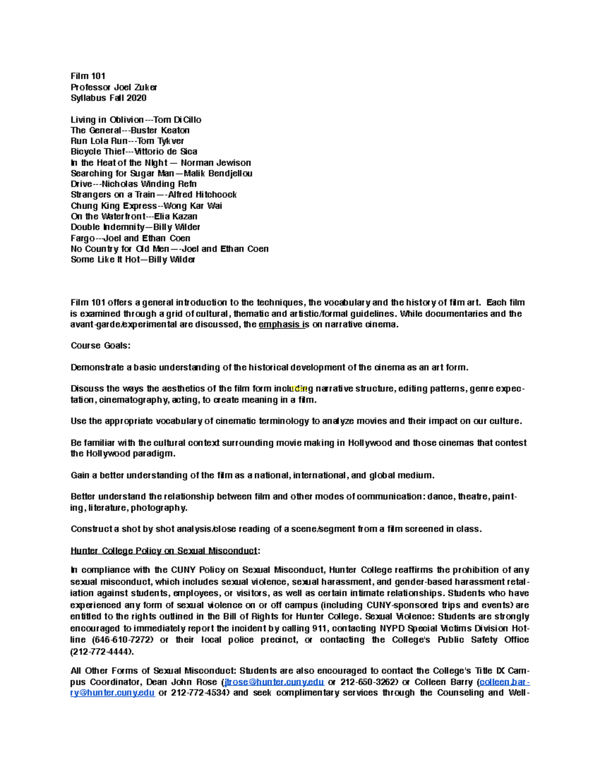 Lecture FILM 101 Syllabus - Film 101 Professor Joel Zuker Syllabus Fall ...