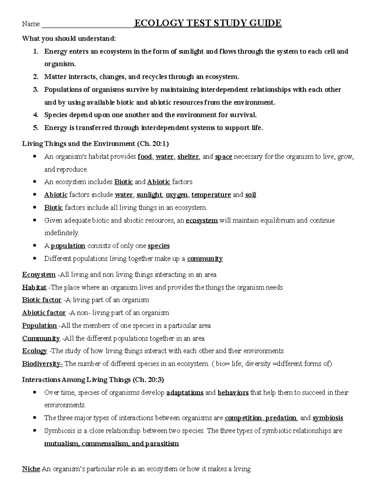 Ecologyteststudyguide summary - Name _________________________ECOLOGY ...