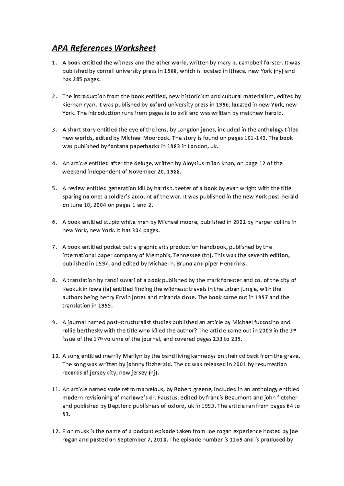 APA Ref Worksheet ans is given in g classroom - APA References ...