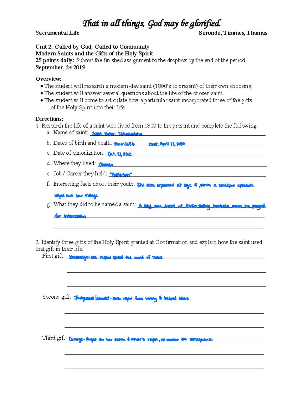 Saints and the Gifts of the Holy Spirit Assignment - That in all things ...