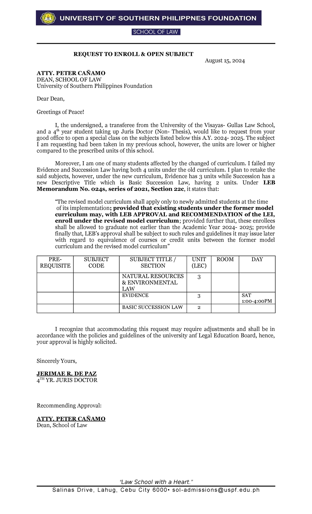 Request TO OPEN Subject - REQUEST TO ENROLL & OPEN SUBJECT August 15 ...