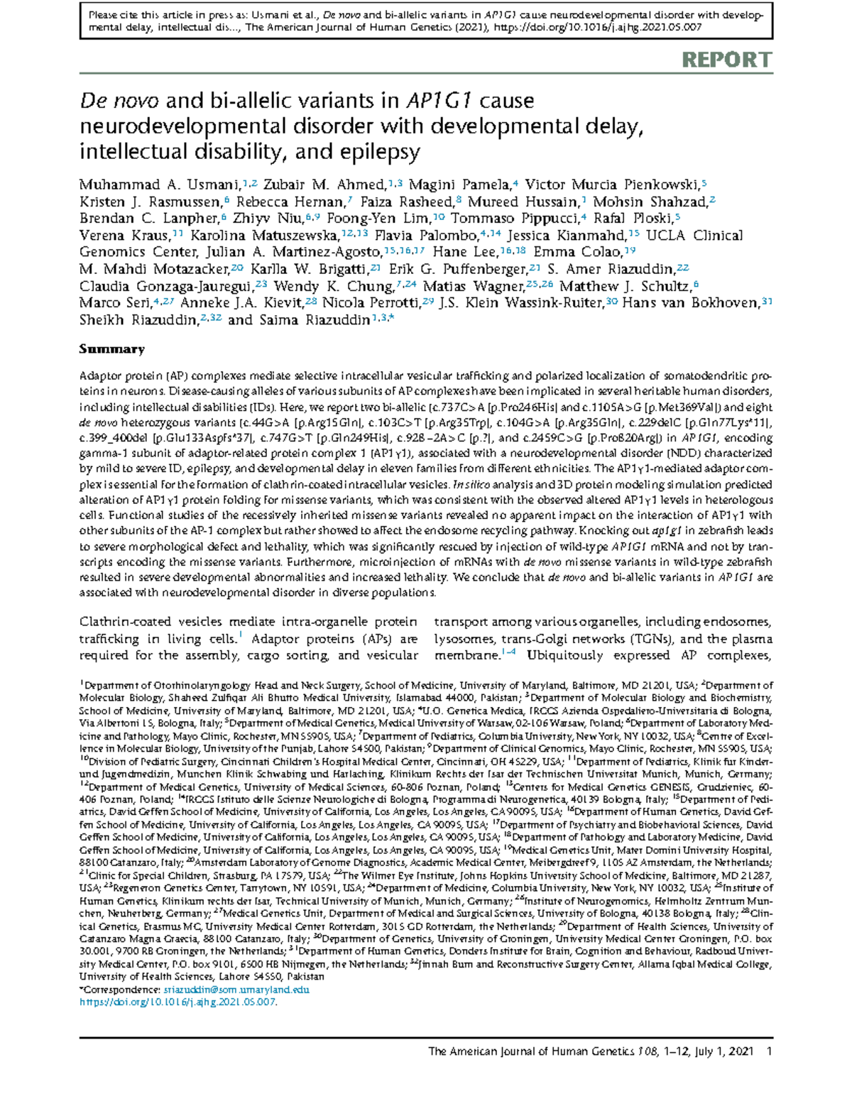 De novo and bi-allelic variants in AP1G1 cause neurodevelopmental disorder with developmental ...