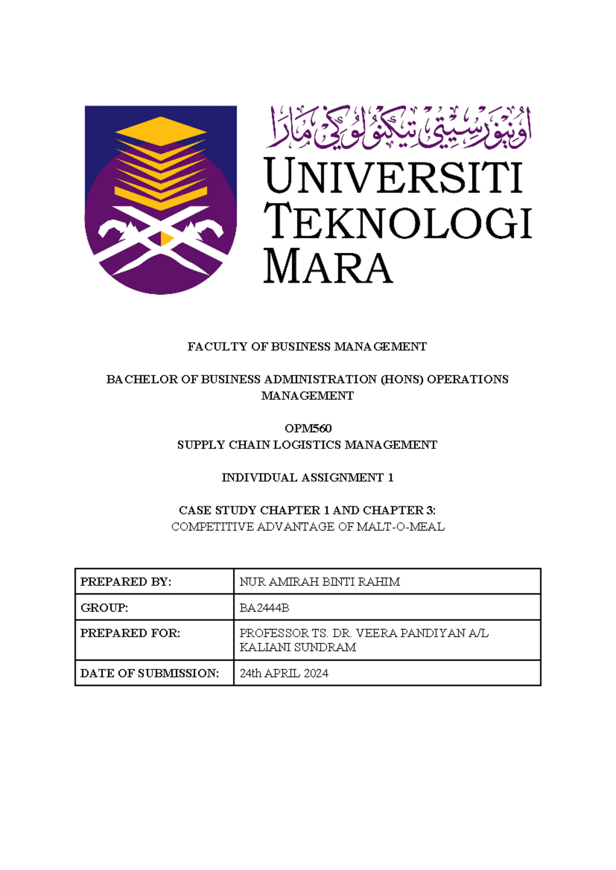 Individual Assignment 1 (OPM560) - FACULTY OF BUSINESS MANAGEMENT ...