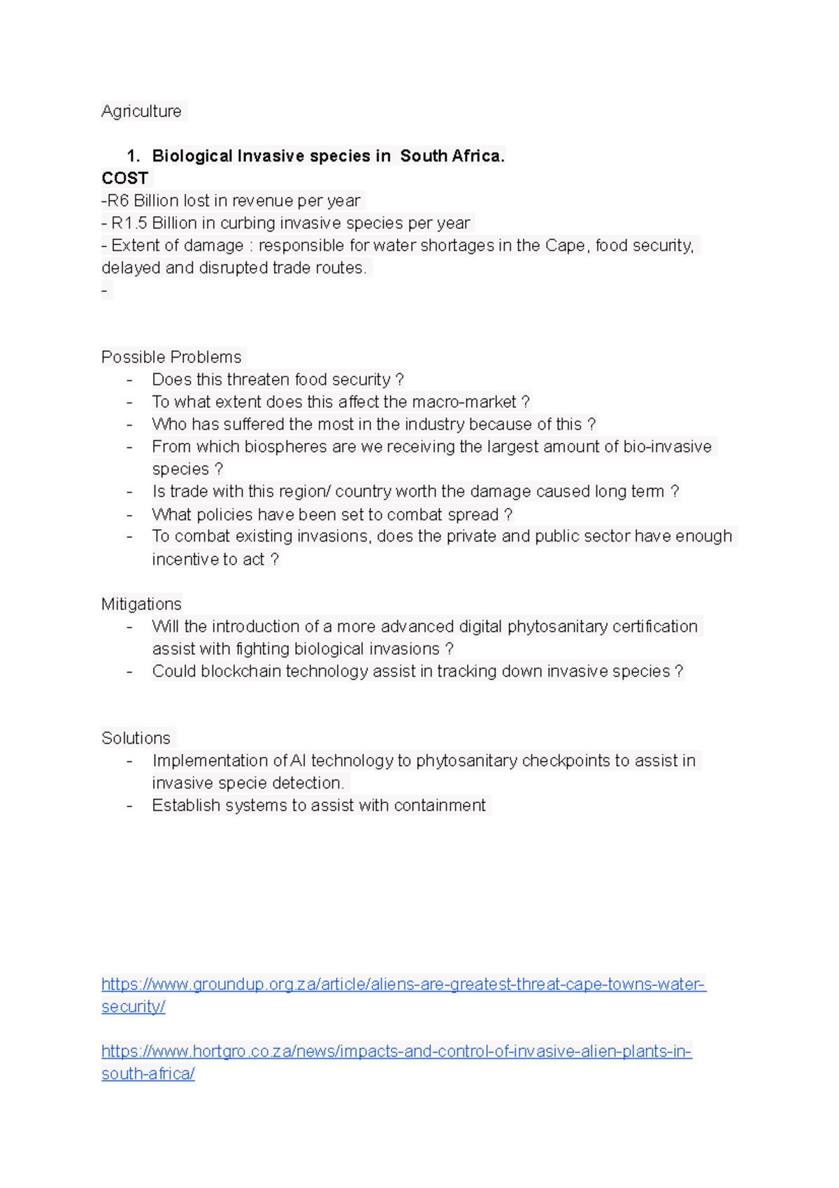 Invasive Spieces - Agriculture 1. Biological Invasive species in South ...