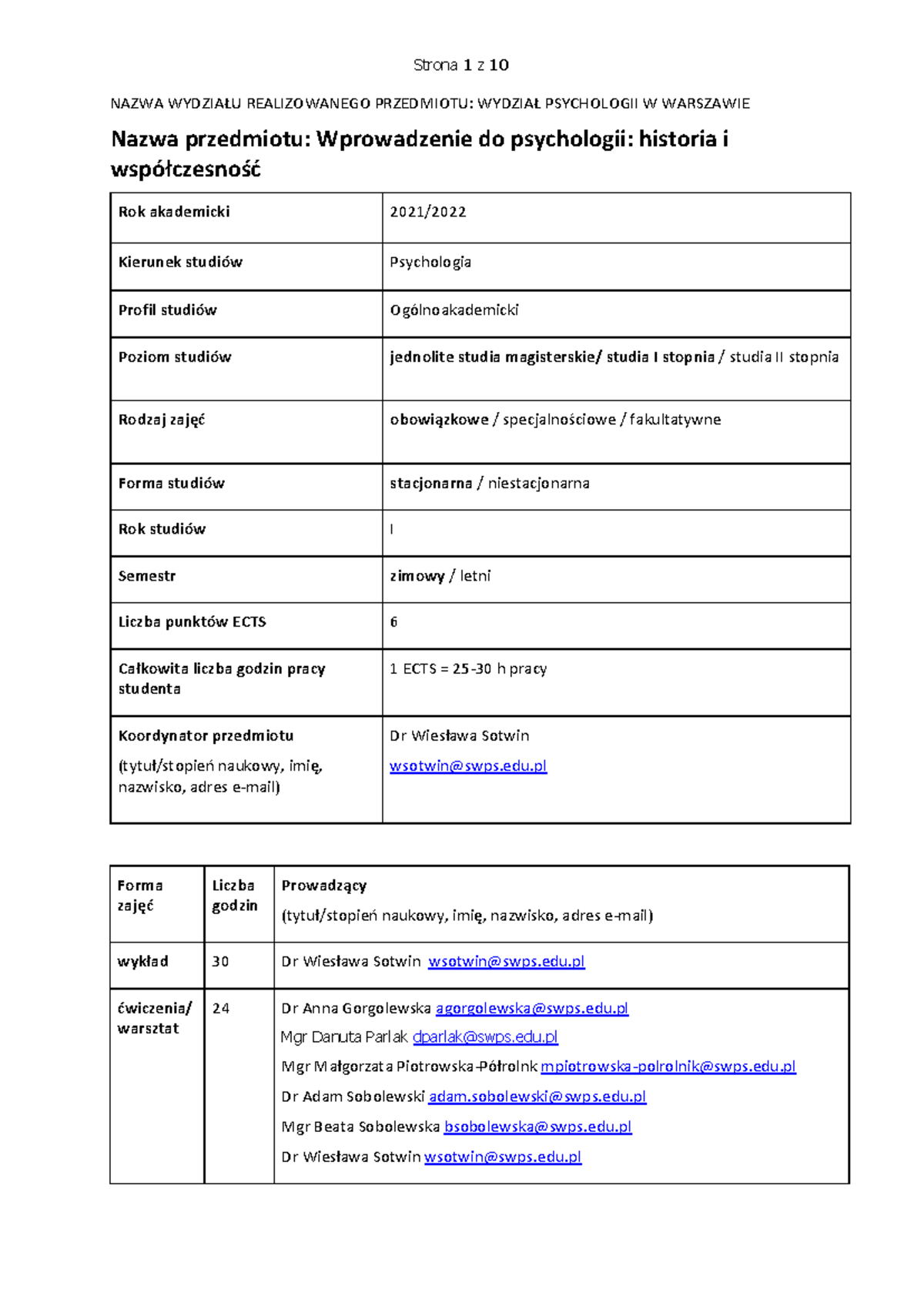 Wprowadzenie sylabus stacjonarni 21-22+ - NAZWA WYDZIAŁU REALIZOWANEGO PRZEDMIOTU: WYDZIAŁ - Studocu