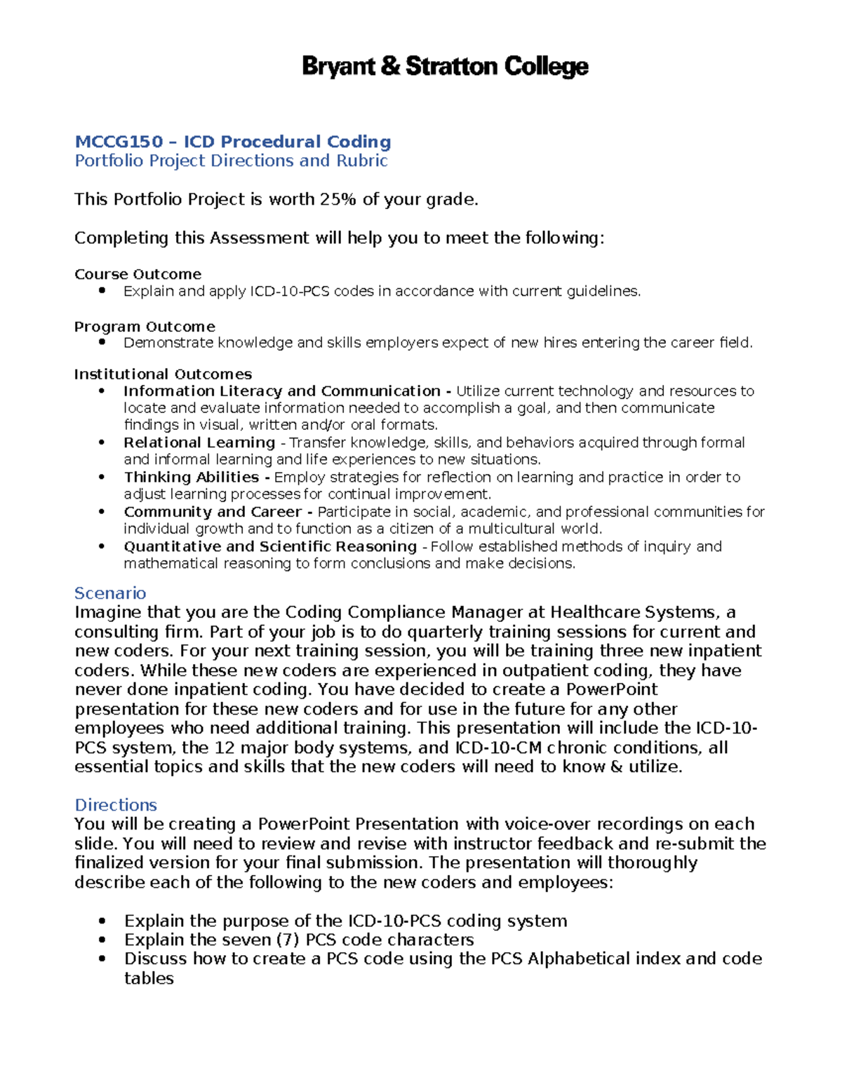 MCCG150 - Portfolio Project Directions and Rubric - MCCG150 – ICD Procedural Coding Portfolio ...