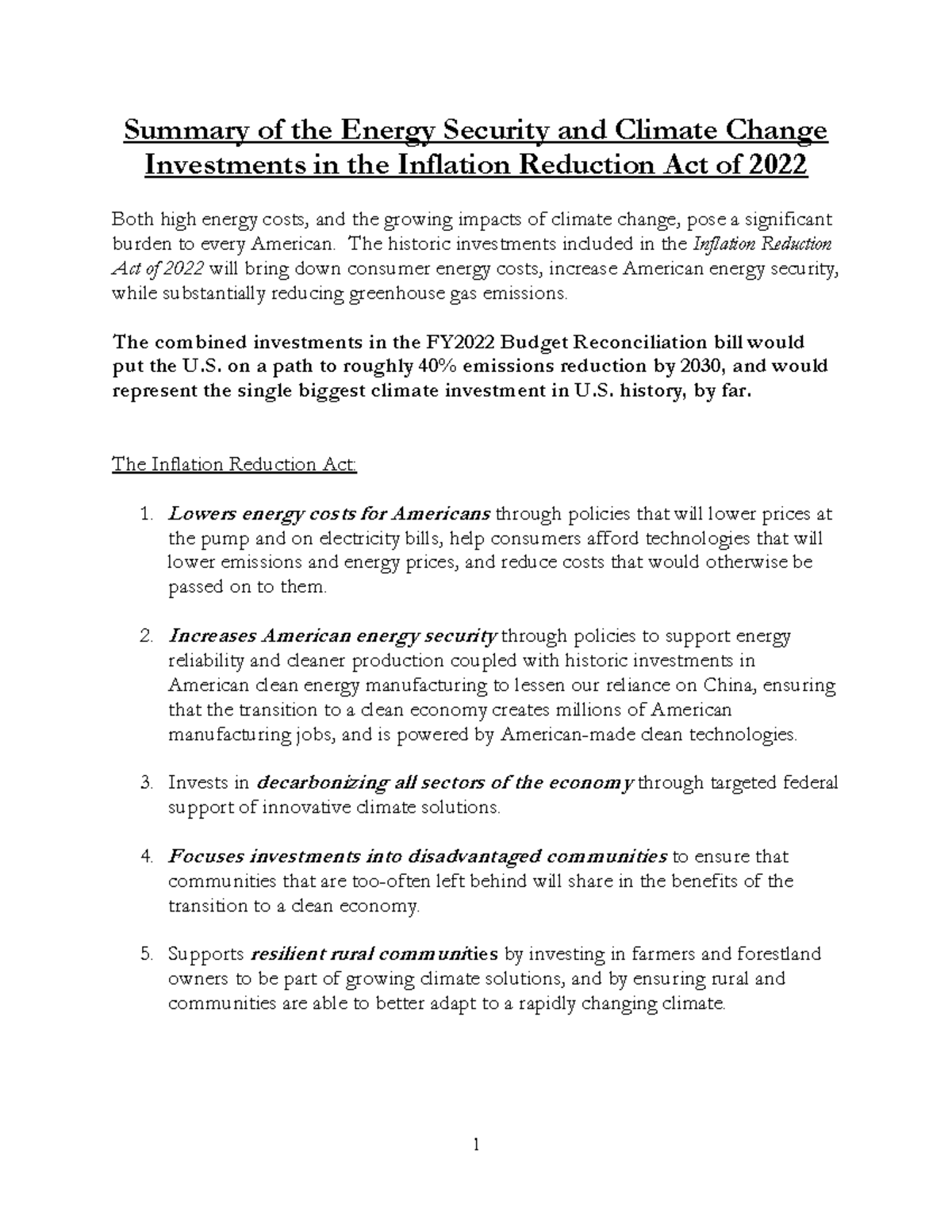 Summary of the energy security and climate change investments in the ...