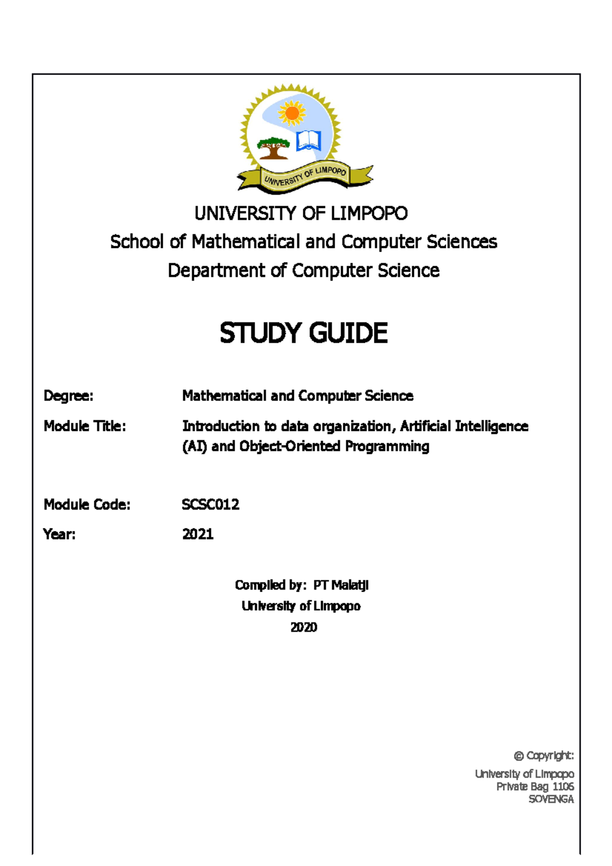 2021 SCSC012 study guide - UNIVERSITY OF LIMPOPO School of Mathematical and Computer Sciences ...