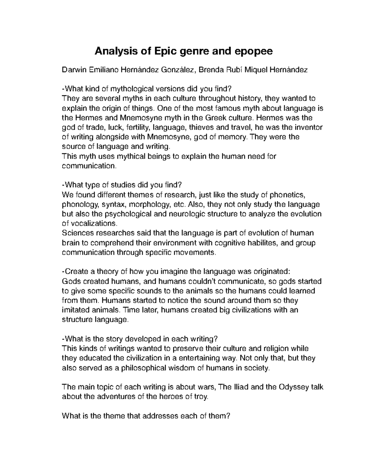 Epic genre and epopee - Analysis of Epic genre and epopee Darwin Emiliano Hernández González ...