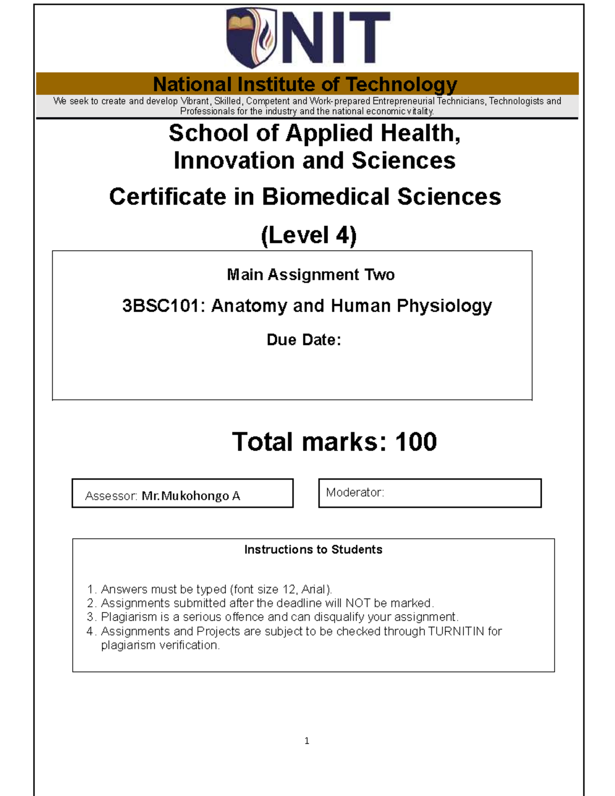 3BSC101 Anatomy and Human Physiology Main Assignment - National ...