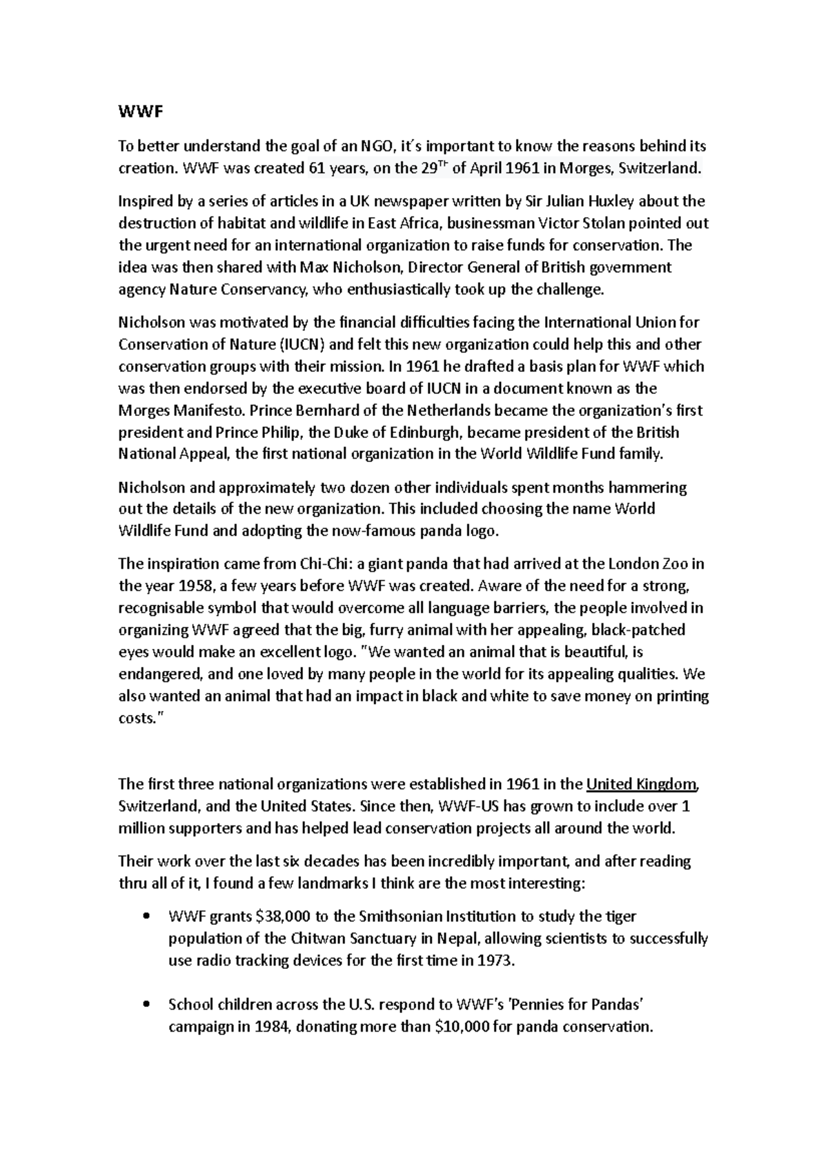 WWF - e ingles - WWF To better understand the goal of an NGO, it ́s ...