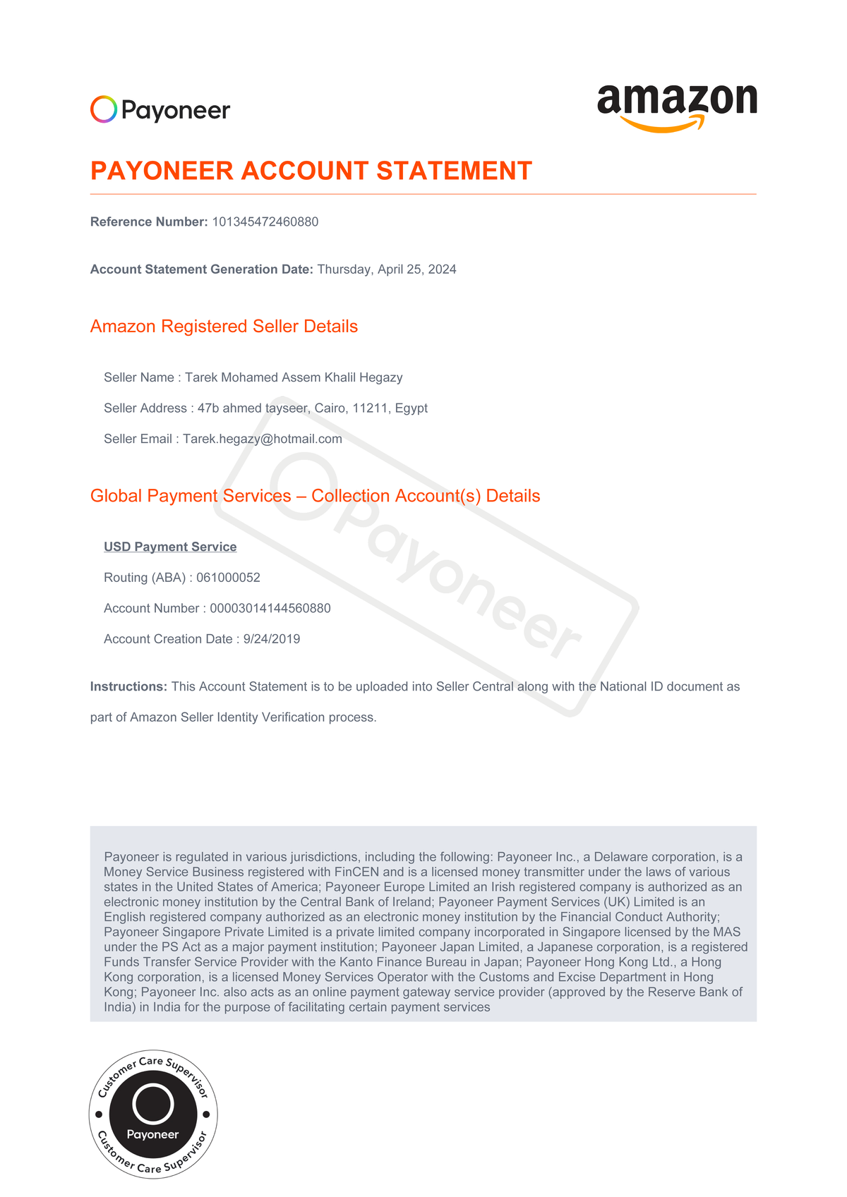 101345472460880 Statement 25042024 134547 - PAYONEER ACCOUNT STATEMENT Reference Number: - Studocu