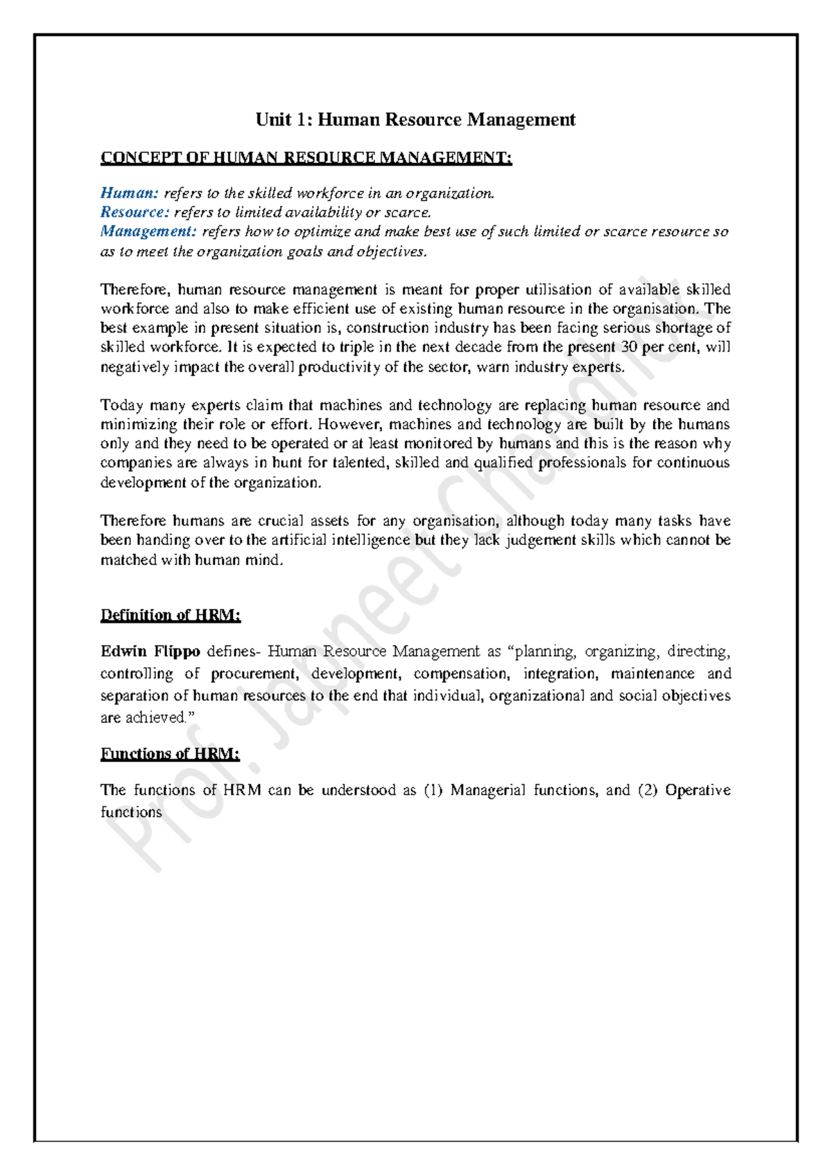Ch 1 HRM (sem 3) - It is the Human resource document - Unit 1: Human ...