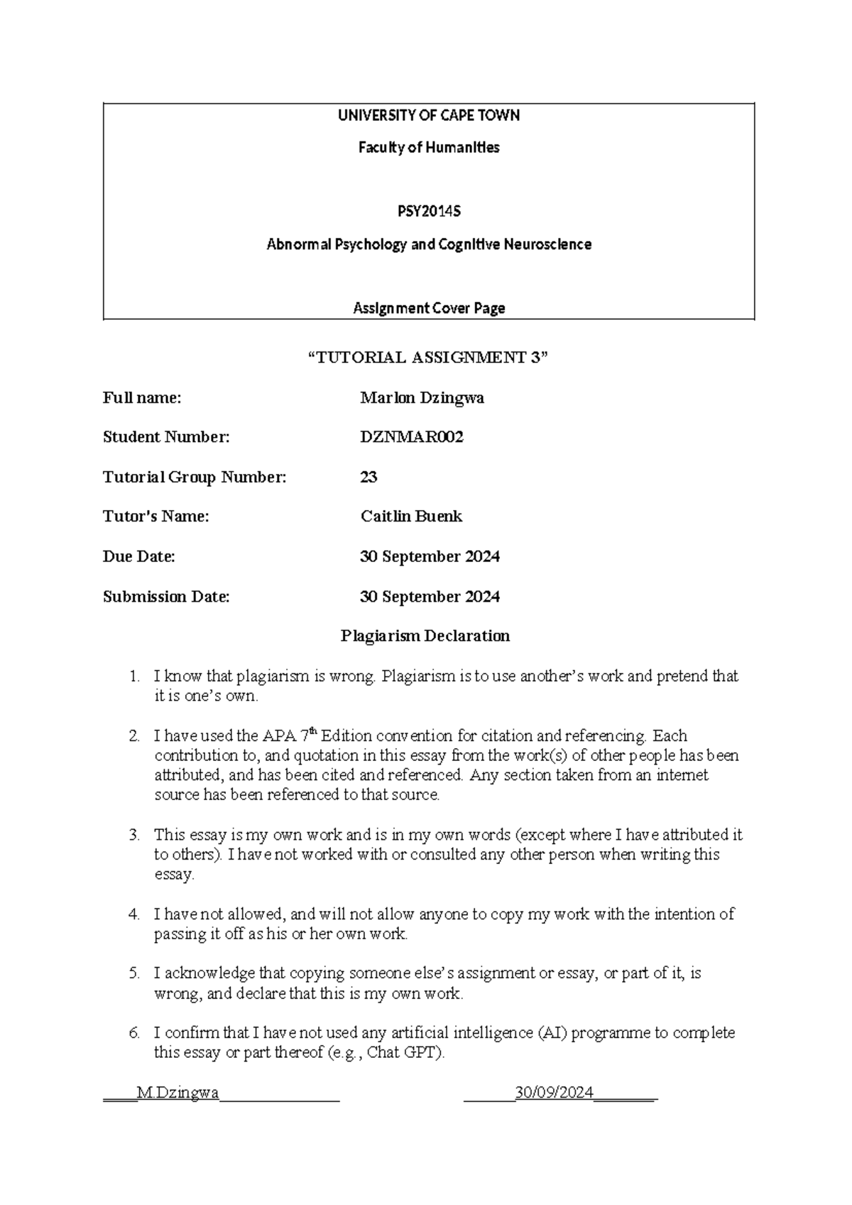 PSY2014 S Tutorial Assignment 3 [ Dznmar 002] -30 September 2024 - UNIVERSITY OF CAPE TOWN ...