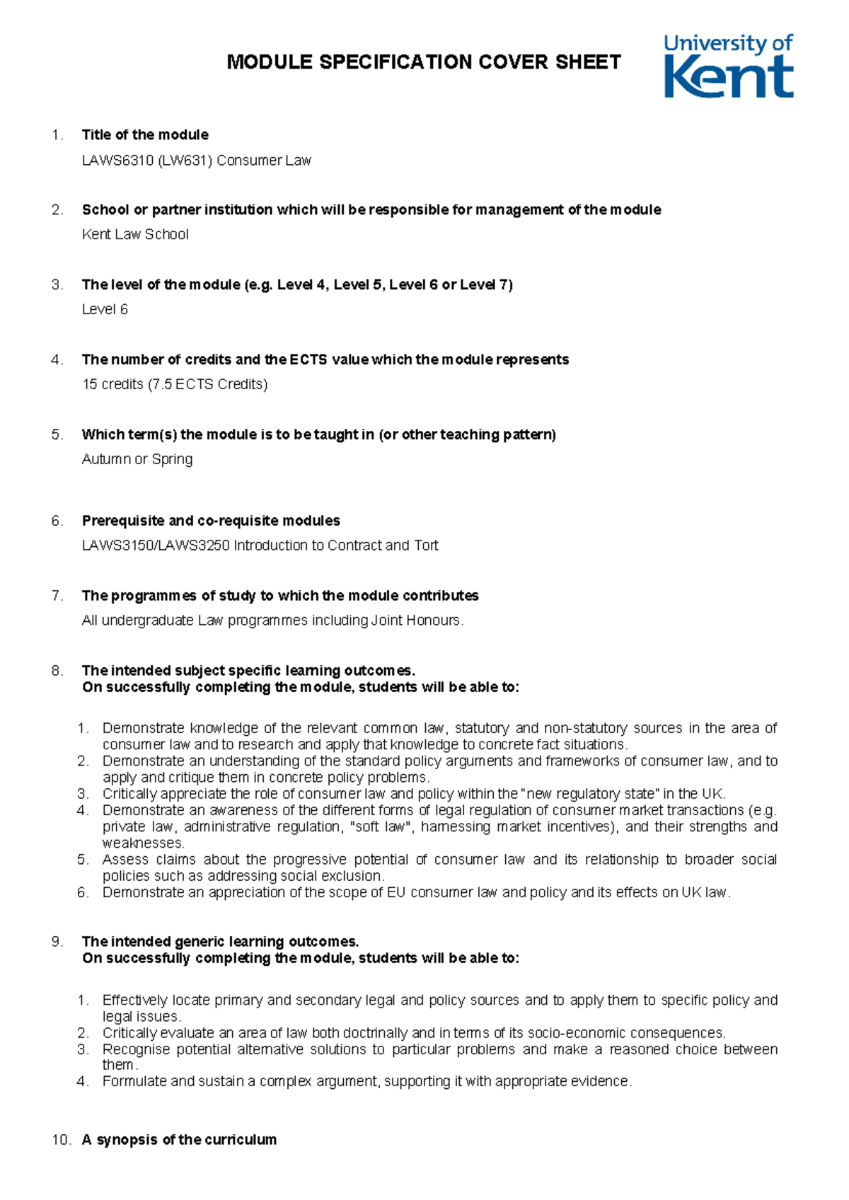 LAWS6310 - MODULE SPECIFICATION COVER SHEET 1. Title of the module ...