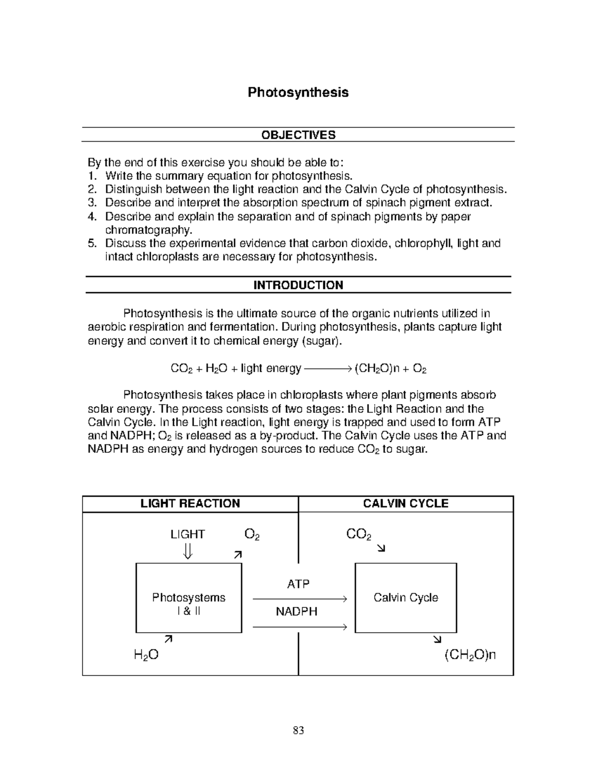 Lab Summer 2017 Chapter 9 Photosynthesis - Photosynthesis OBJECTIVES By ...