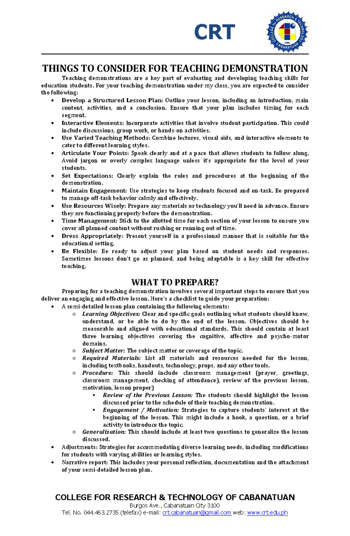 Things TO Consider FOR Teaching Demonstration - COLLEGE FOR RESEARCH ...