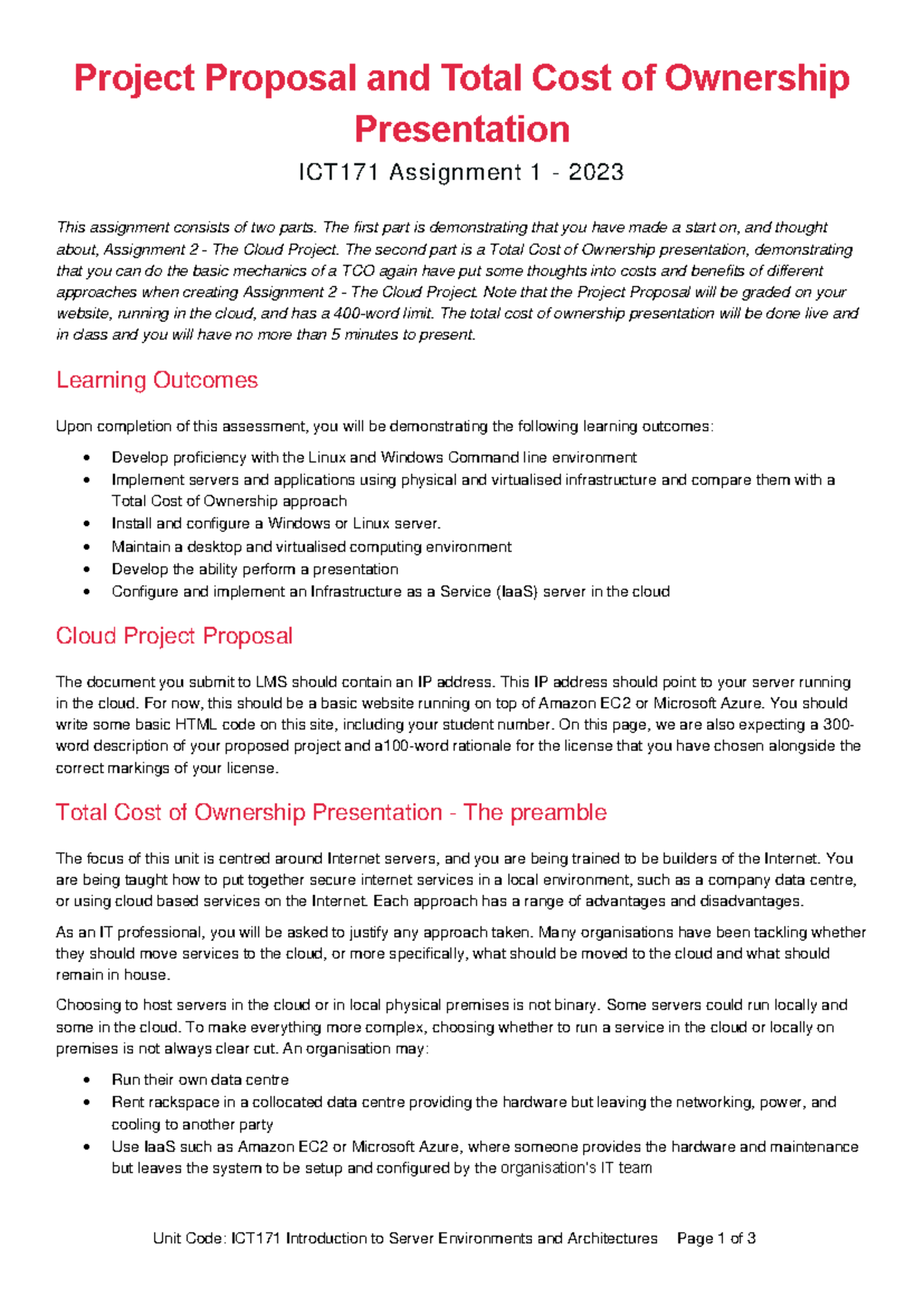 ICT171 Assignment 1 - Unit Code: ICT171 Introduction to Server ...