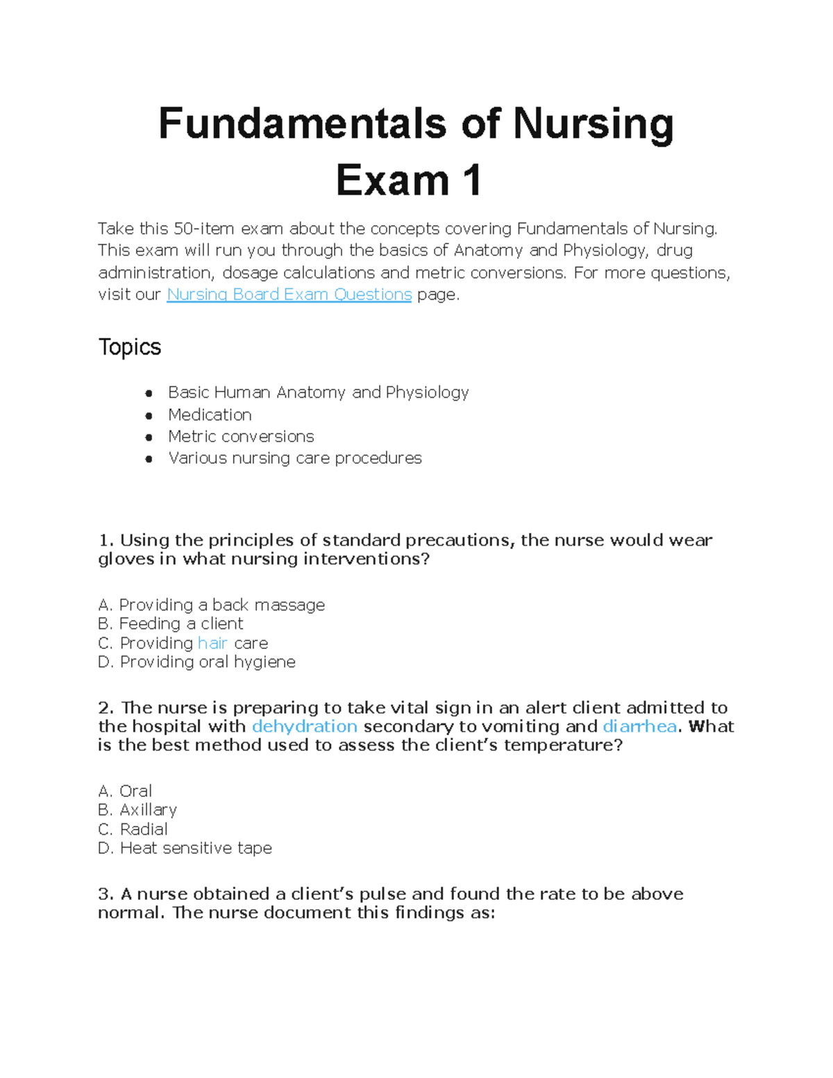 Fundamentals of Nursing Exam 1 - Fundamentals of Nursing Exam 1 Take ...