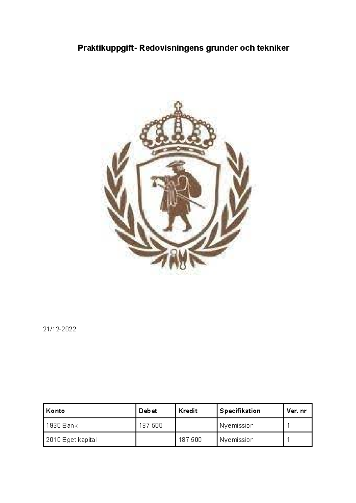 Bokföring-Redovisning 2022 - Praktikuppgift- Redovisningens grunder och ...