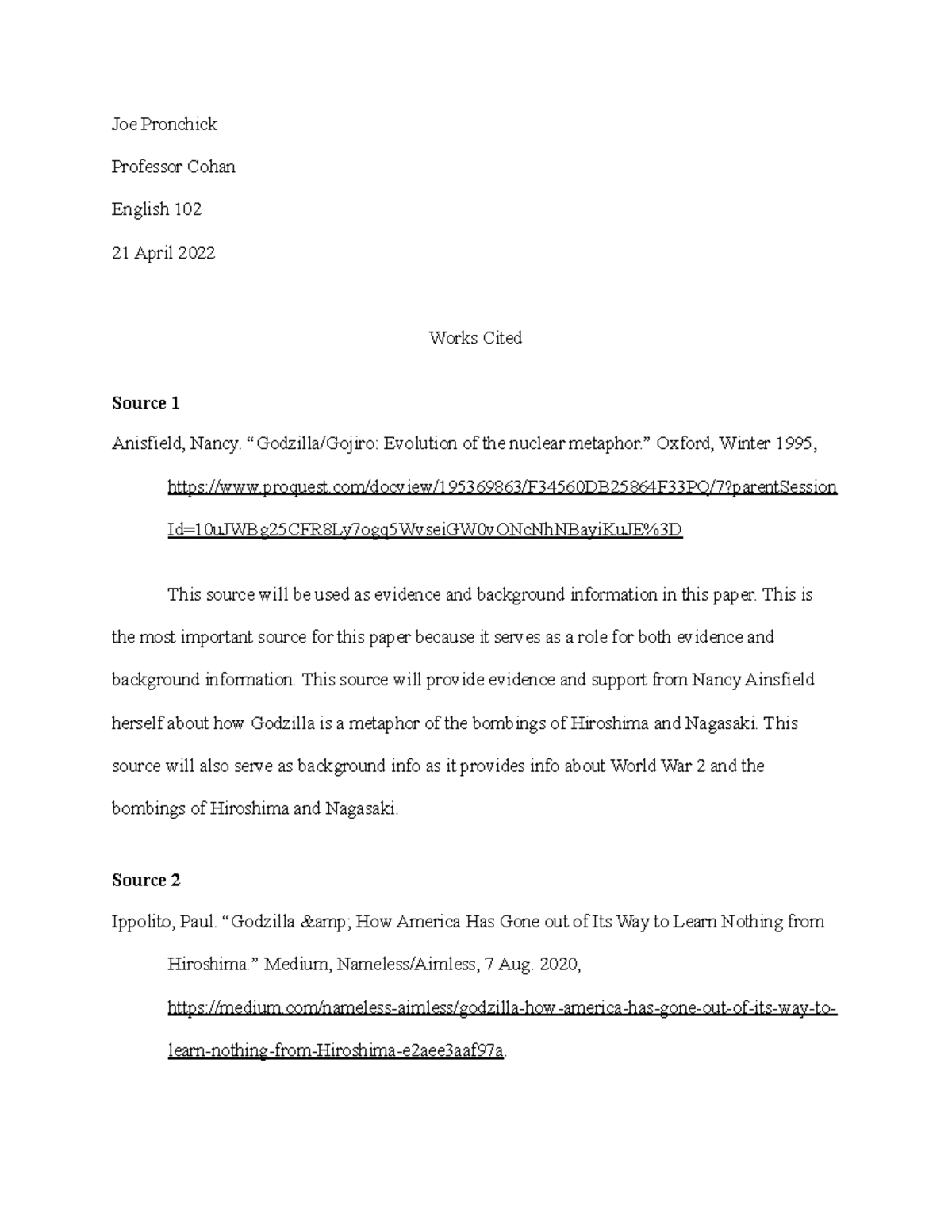 Annotated Bibliography - Joe Pronchick Professor Cohan English 102 21 ...