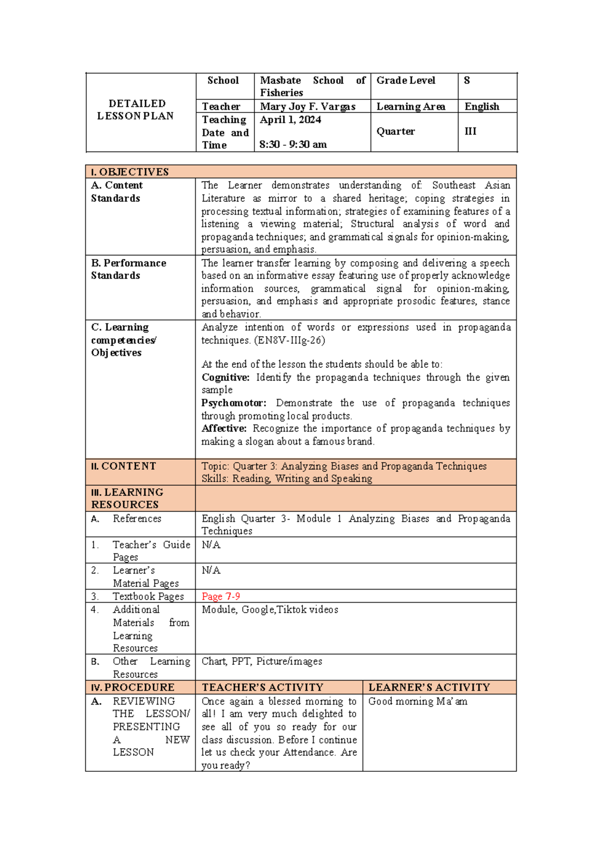 PRE-DEMO- Lesson-PLAN - Copy - DETAILED LESSON PLAN School Masbate ...