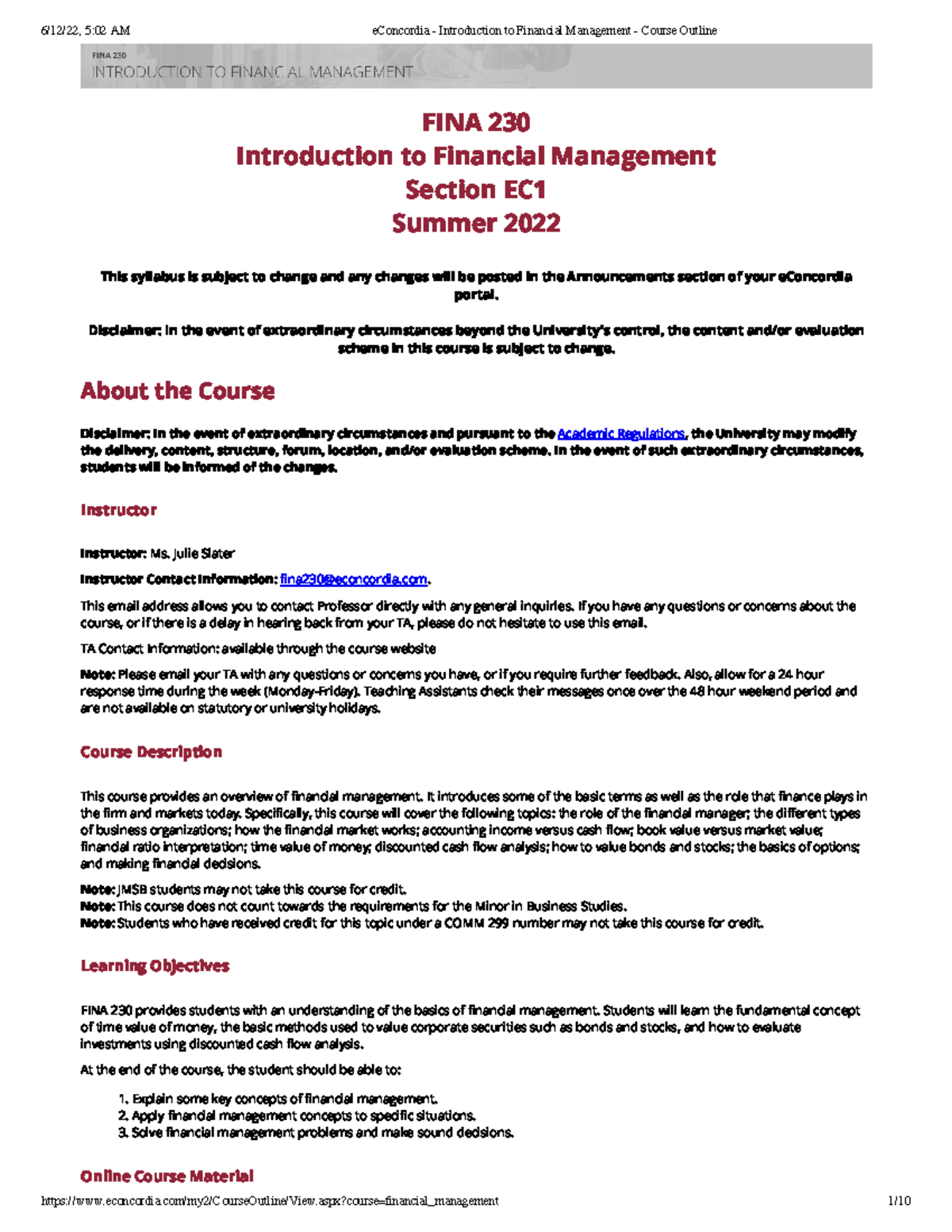E Concordia - Introduction to Financial Management - Course Outline ...