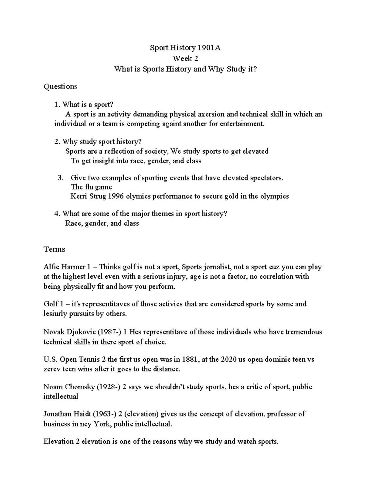 HIST1901 - Final EXAM Notes - Sport History 1901A Week 2 What is Sports ...