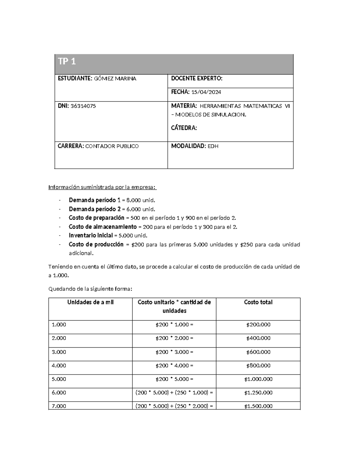 TP1 Herramientas Matematicas VI - Modelos DE Simulacion - TP 1 ESTUDIANTE: GÓMEZ MARINA DOCENTE ...