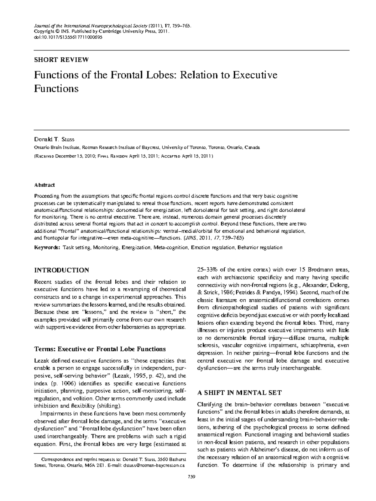 Functionsofthe Frontal Lobes - Journal of the International ...