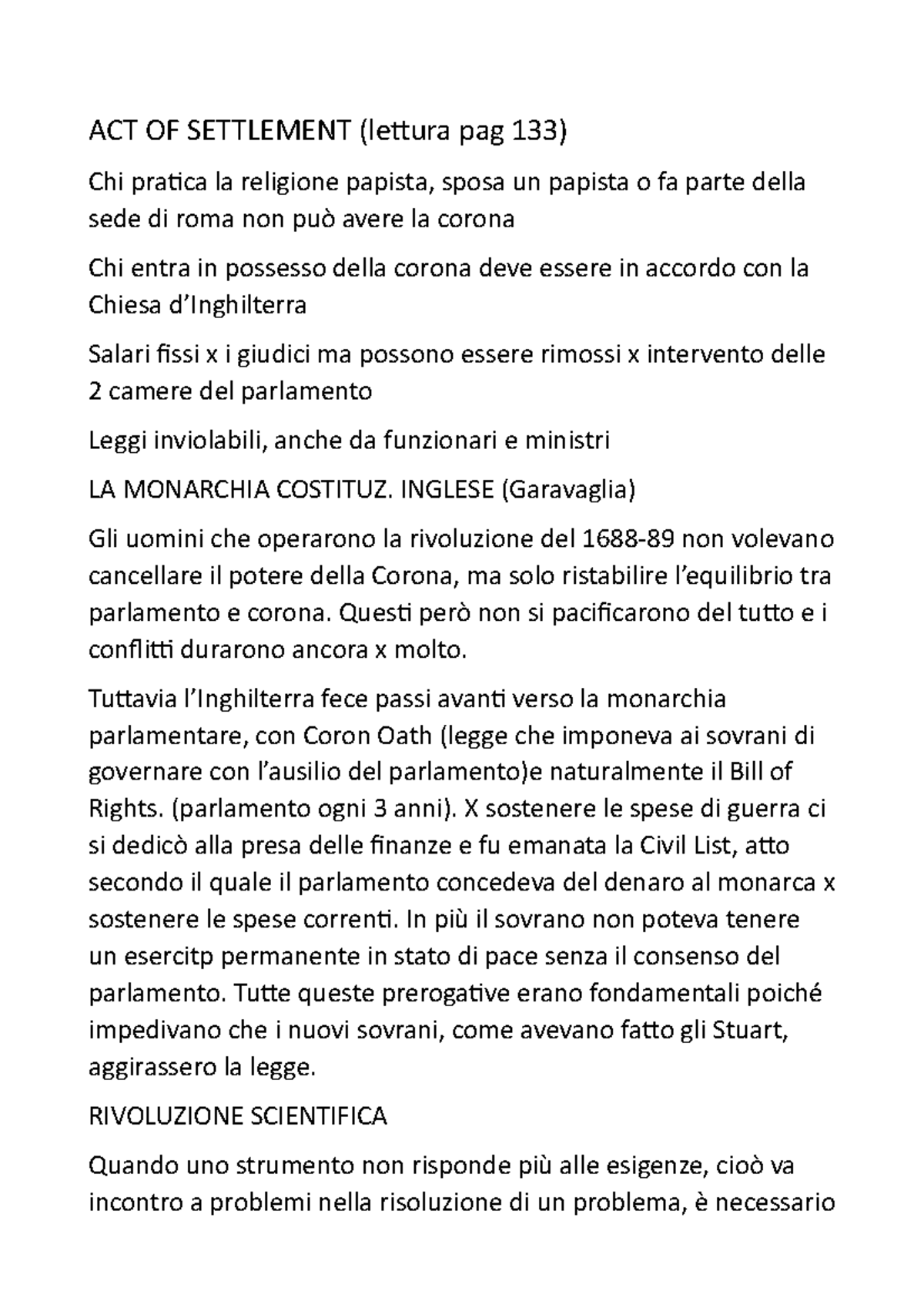 Letture storia - boh - ACT OF SETTLEMENT (lettura pag 133) Chi pratica ...