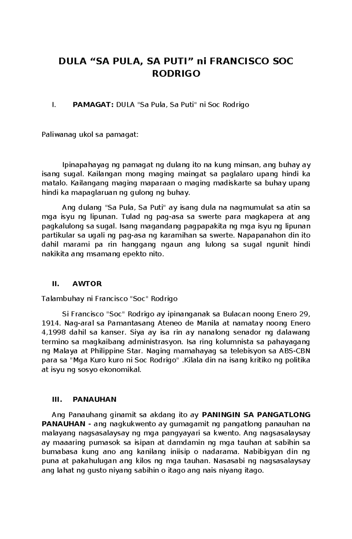 DULA “SA PULA, SA PUTI” ni Francisco SOC Rodrigo - DULA “SA PULA, SA PUTI” ni FRANCISCO SOC ...