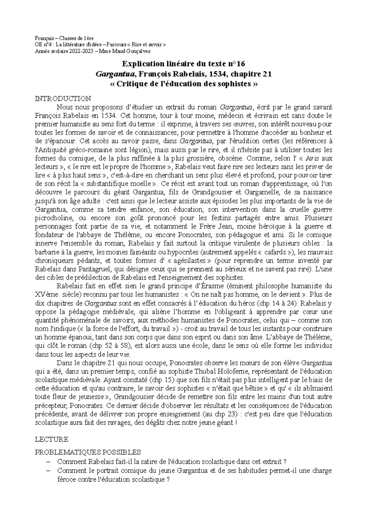 EL Gargantua chp 21 - Français – Classes de 1ère OE n°4 : La ...