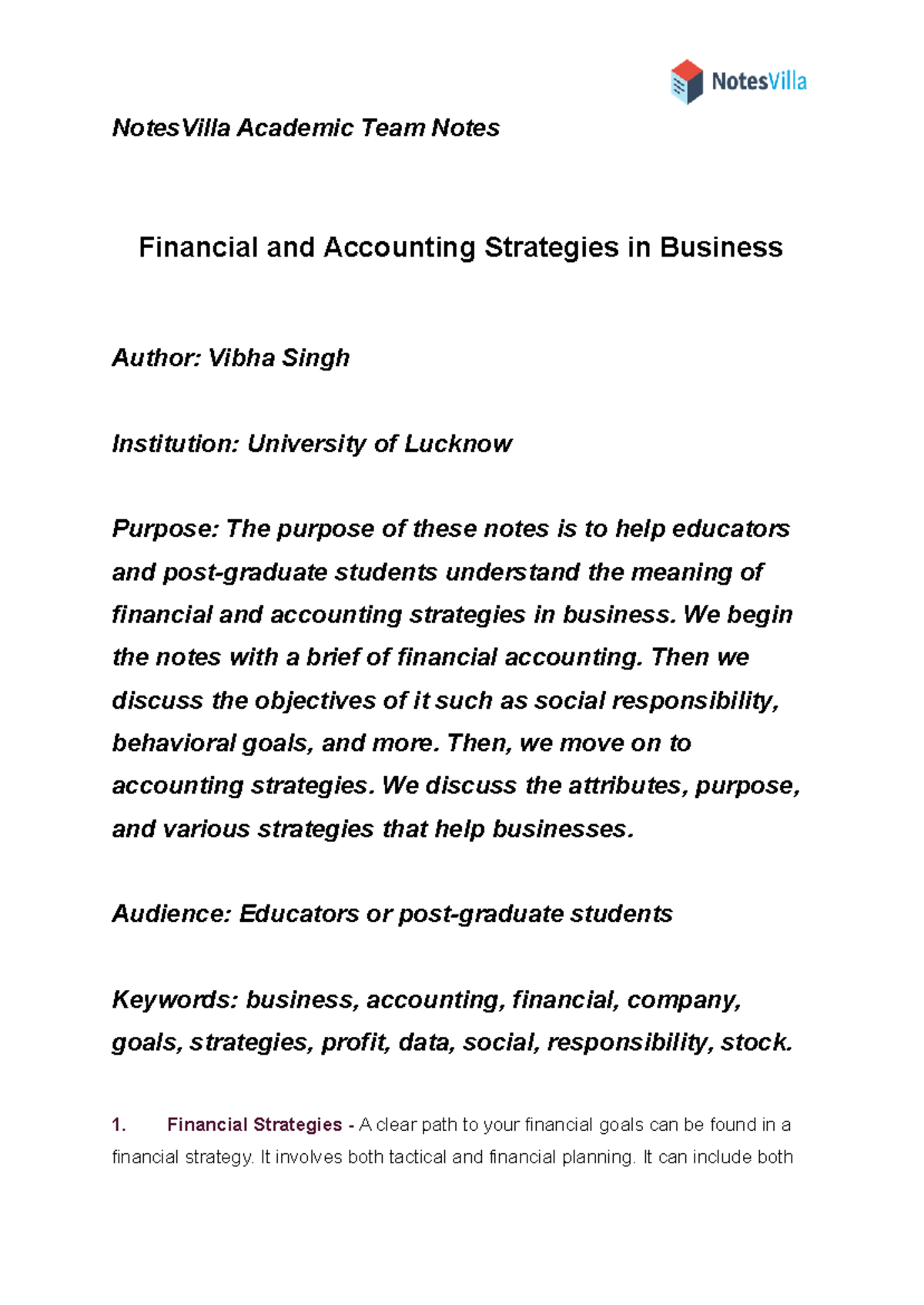 Financial and accounting strategies in business notes - NotesVilla ...