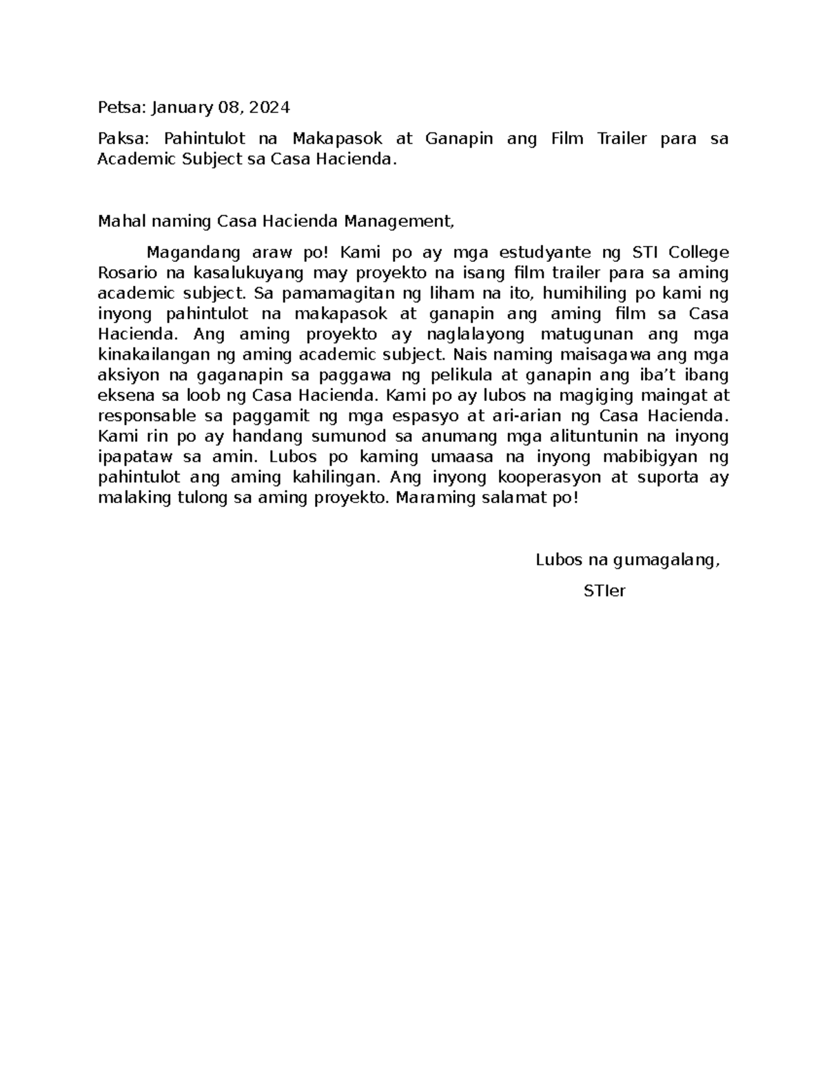 Letter - Petsa: January 08, 2024 Paksa: Pahintulot na Makapasok at ...