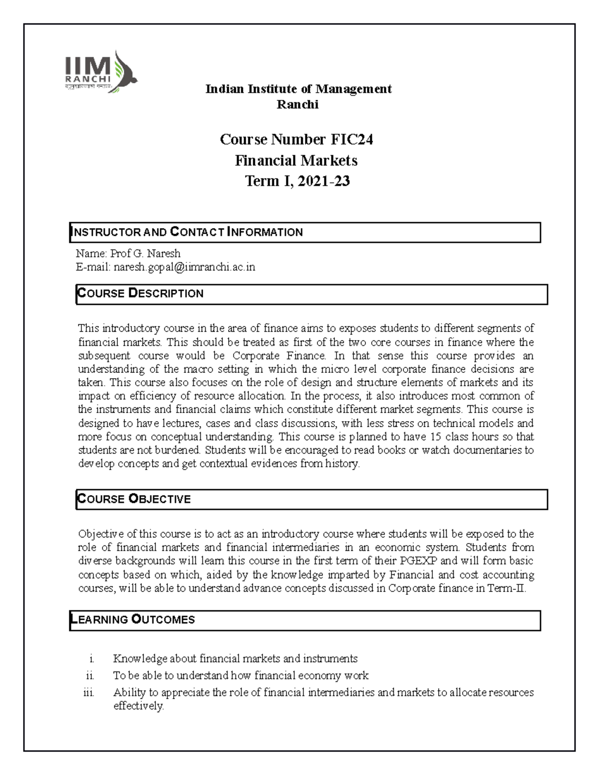 Course Outline Financial Markets 1 - Indian Institute of Management ...