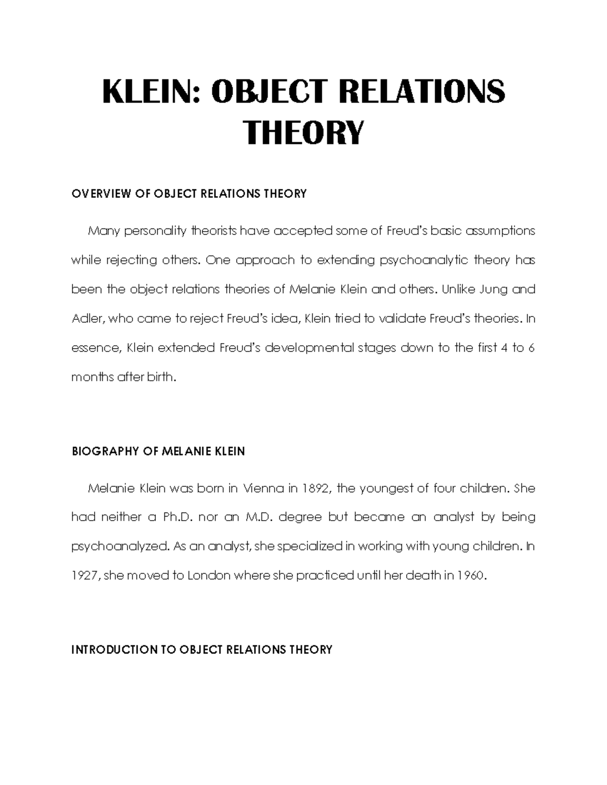 Klein - summaries for TOP - KLEIN: OBJECT RELATIONS THEORY OVERVIEW OF OBJECT RELATIONS THEORY ...