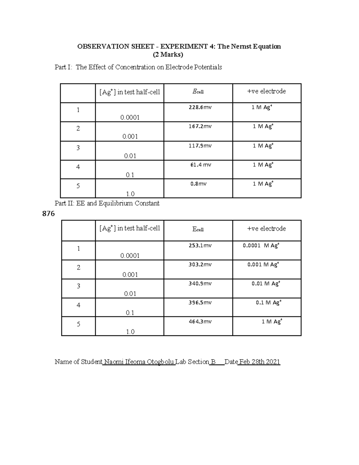 Experiment 4 The Nernst Equation - OBSERVATION SHEET - EXPERIMENT 4 ...