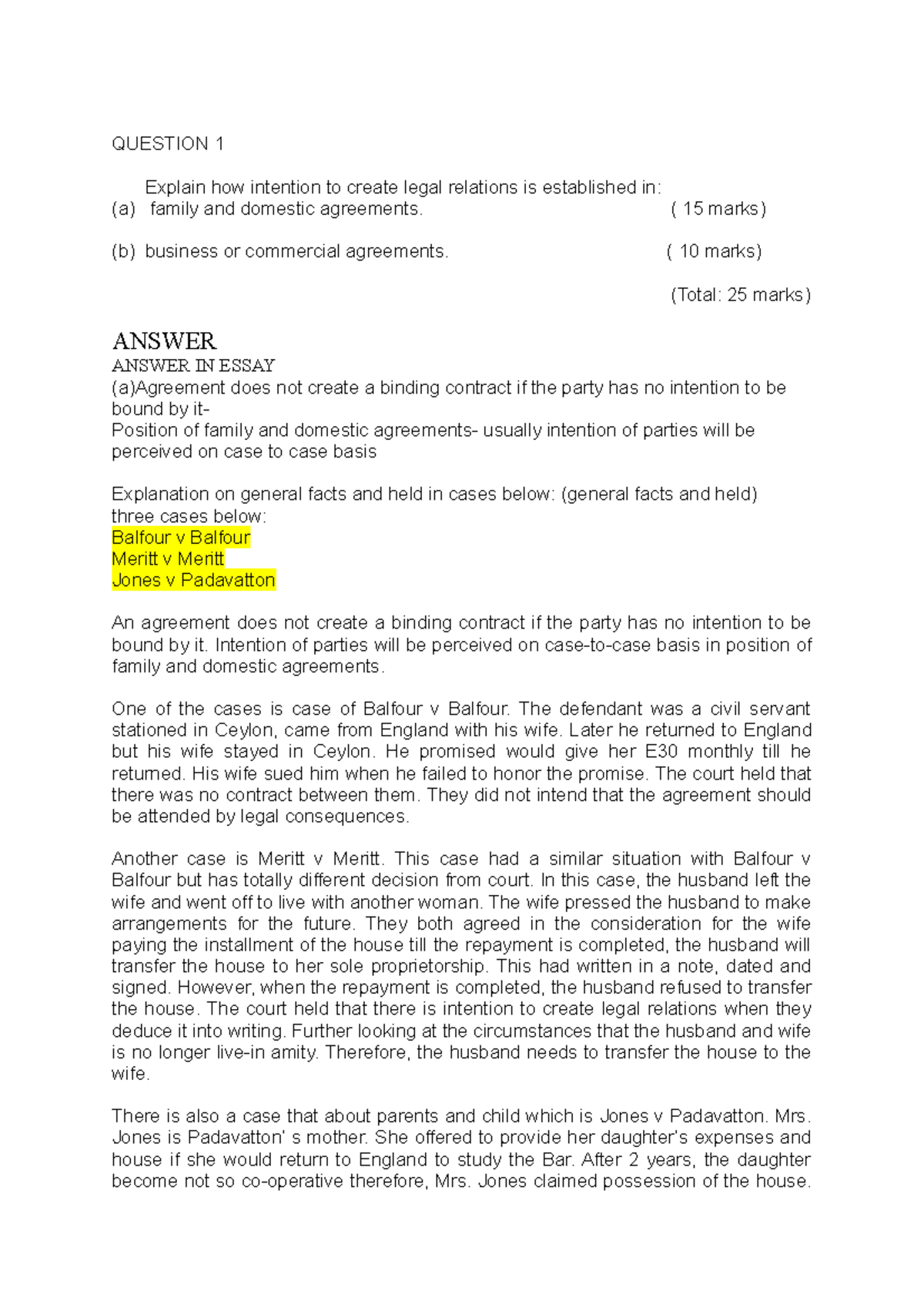 MOCK 5 - QUESTION 1 Explain how the intention to create legal relations ...