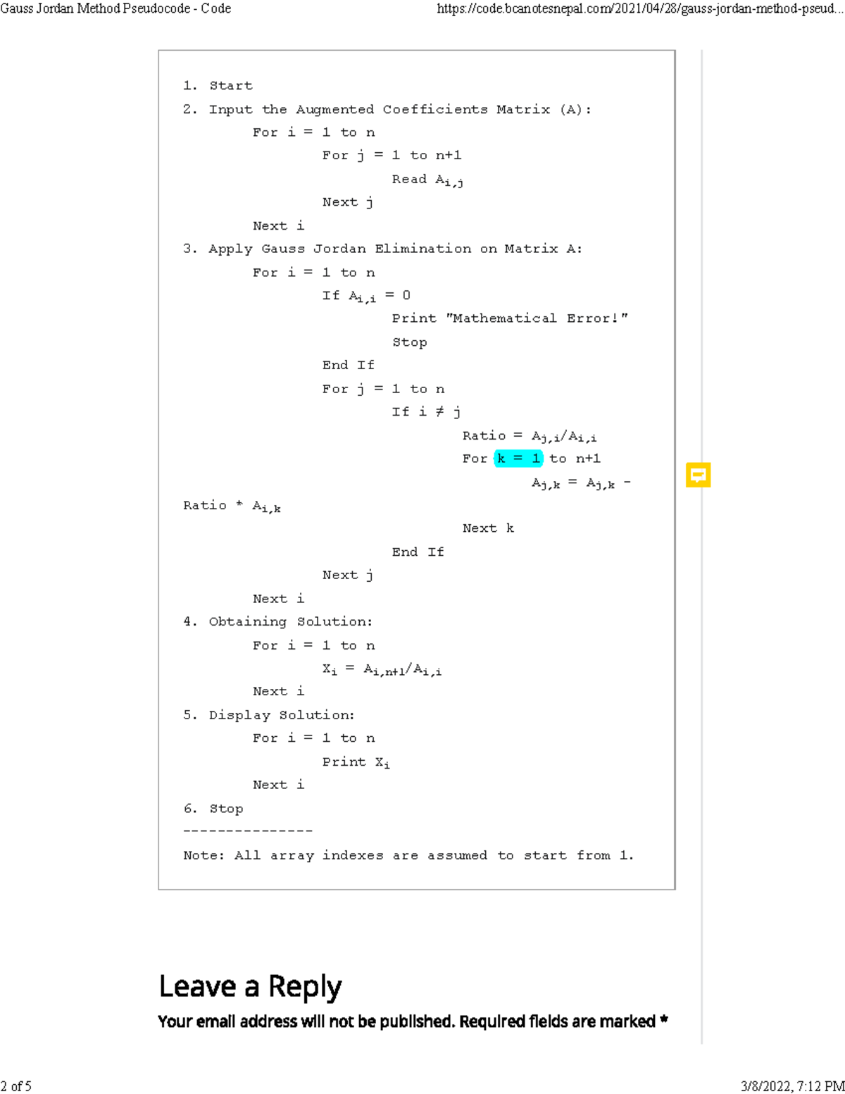 Pseudocode for Gauss Jordan Method - Start Input the Augmented ...