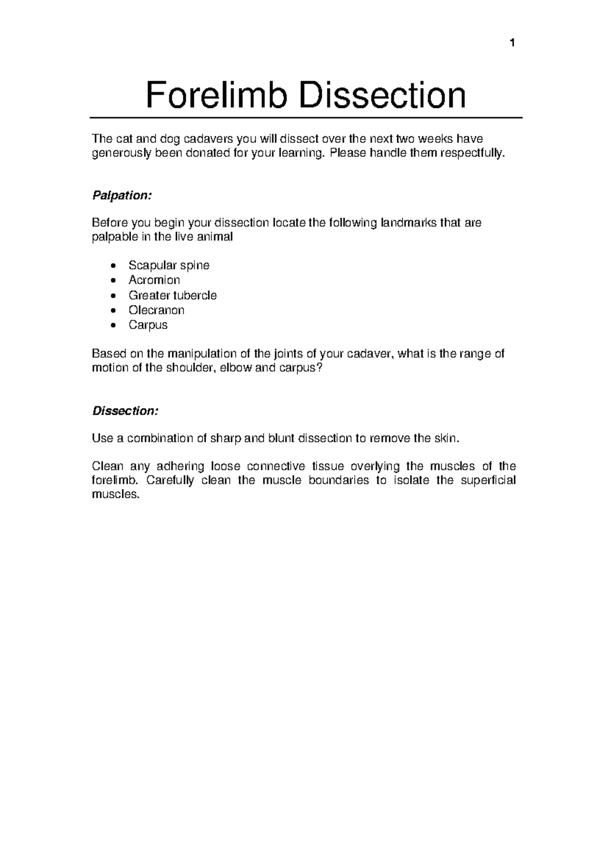 VET260 Canine-Feline limb dissection guide - Forelimb Dissection The ...